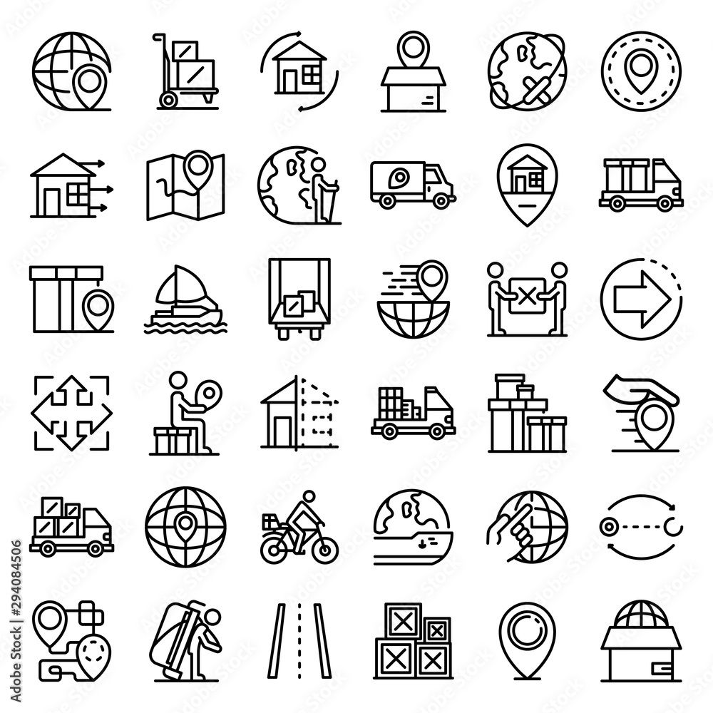 Relocation icons set. Outline set of relocation vector icons for web ...