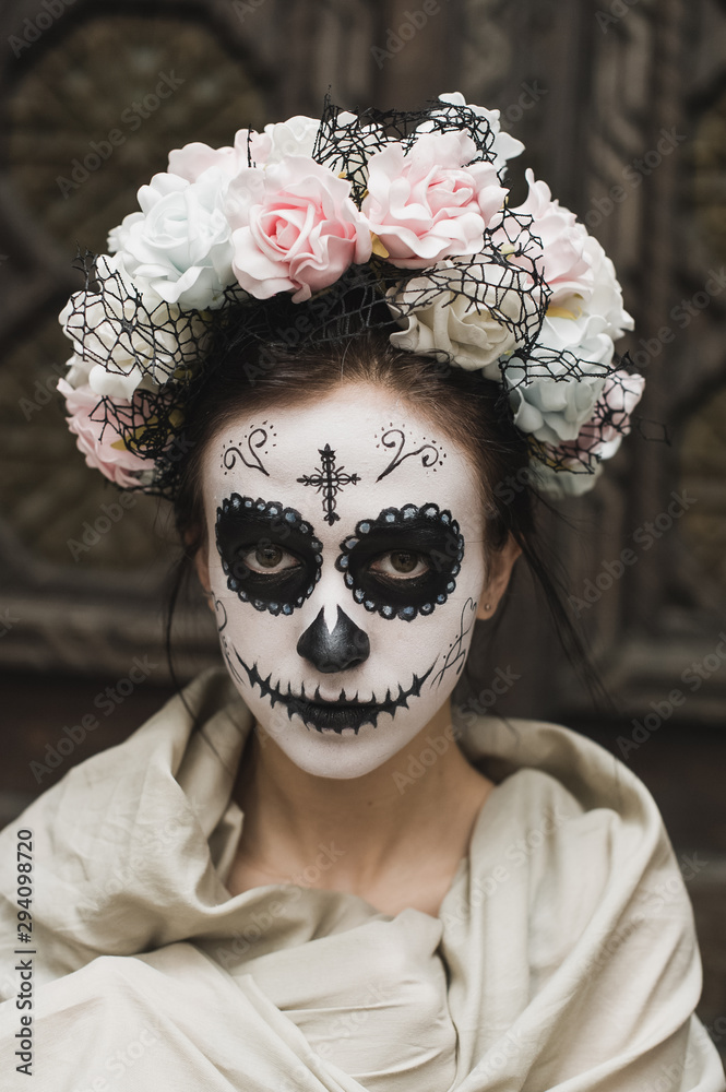 Calavera Catrina in the dark. Fashion model with sugar skull makeup ...
