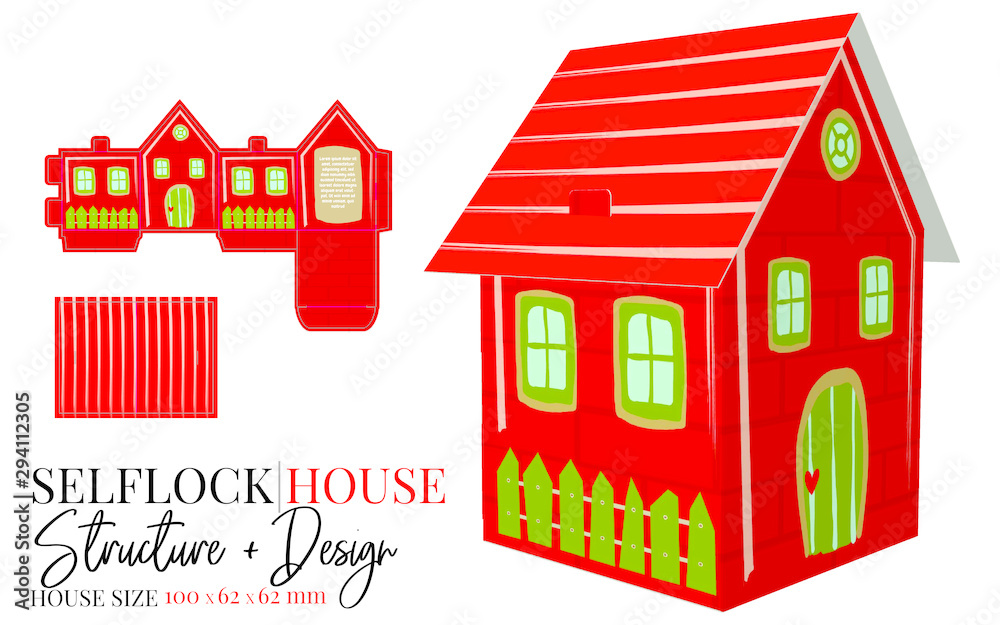 House Box Template, Vector with die cut / laser cut lines. Red ...