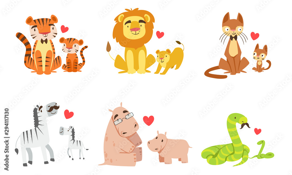 Cartoon animals couple dad and baby. Vector illustration. Stock Vector ...