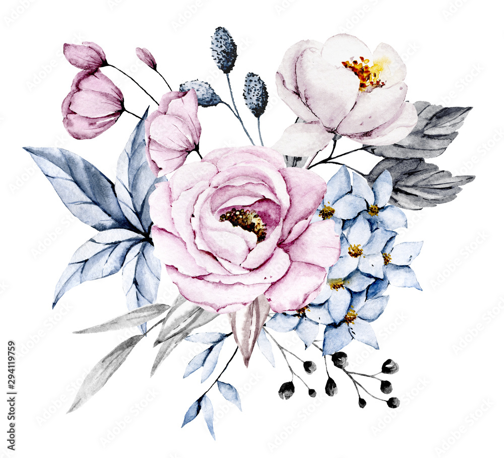 Pink and blue flowers, leaves watercolor floral clip art. Bouquet ...