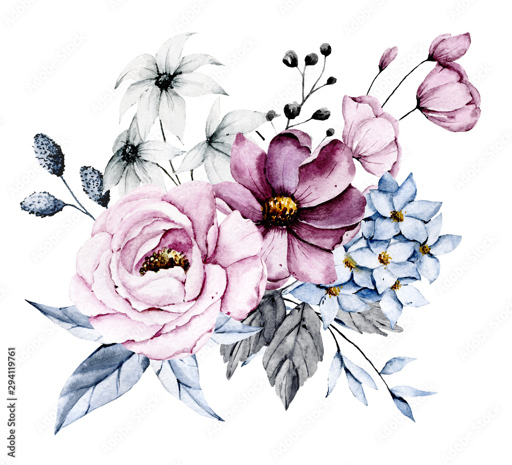 Pink and blue flowers, leaves watercolor floral clip art. Bouquet ...