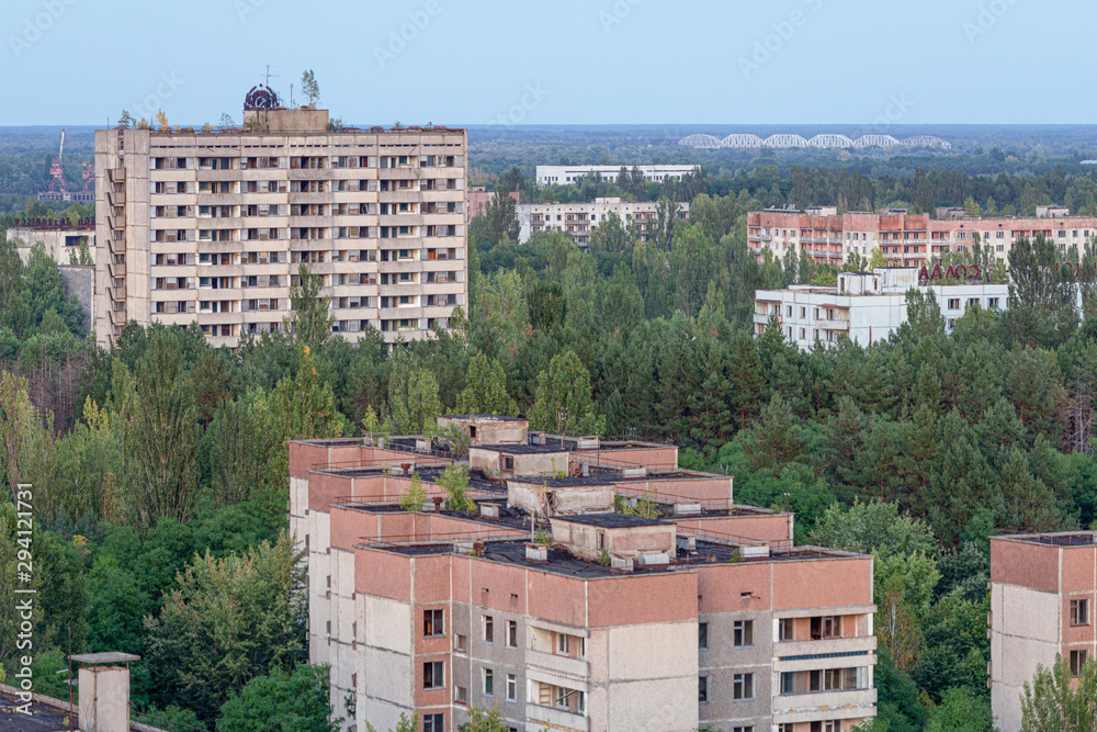 aerial view of the lost city of Pripyat. a lot of empty concrete floors ...