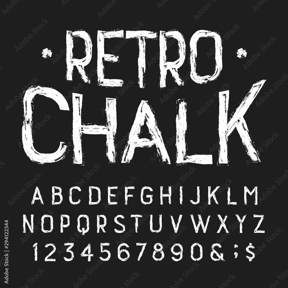 Retro Chalk alphabet font. Handwritten messy letters and numbers. Stock ...
