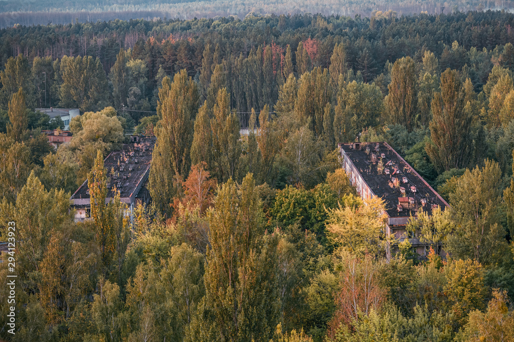 aerial view of the lost city of Pripyat. a lot of empty concrete floors ...