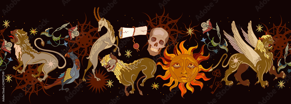 Medieval horizontal seamless pattern. Astrology art. Ancient book ...