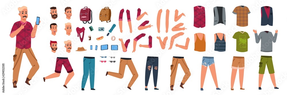 Male character constructor. Cartoon hipster animation kit with ...