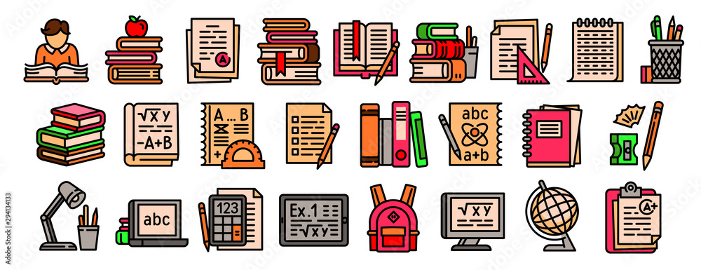 Homework icons set. Outline set of homework vector icons for web design ...