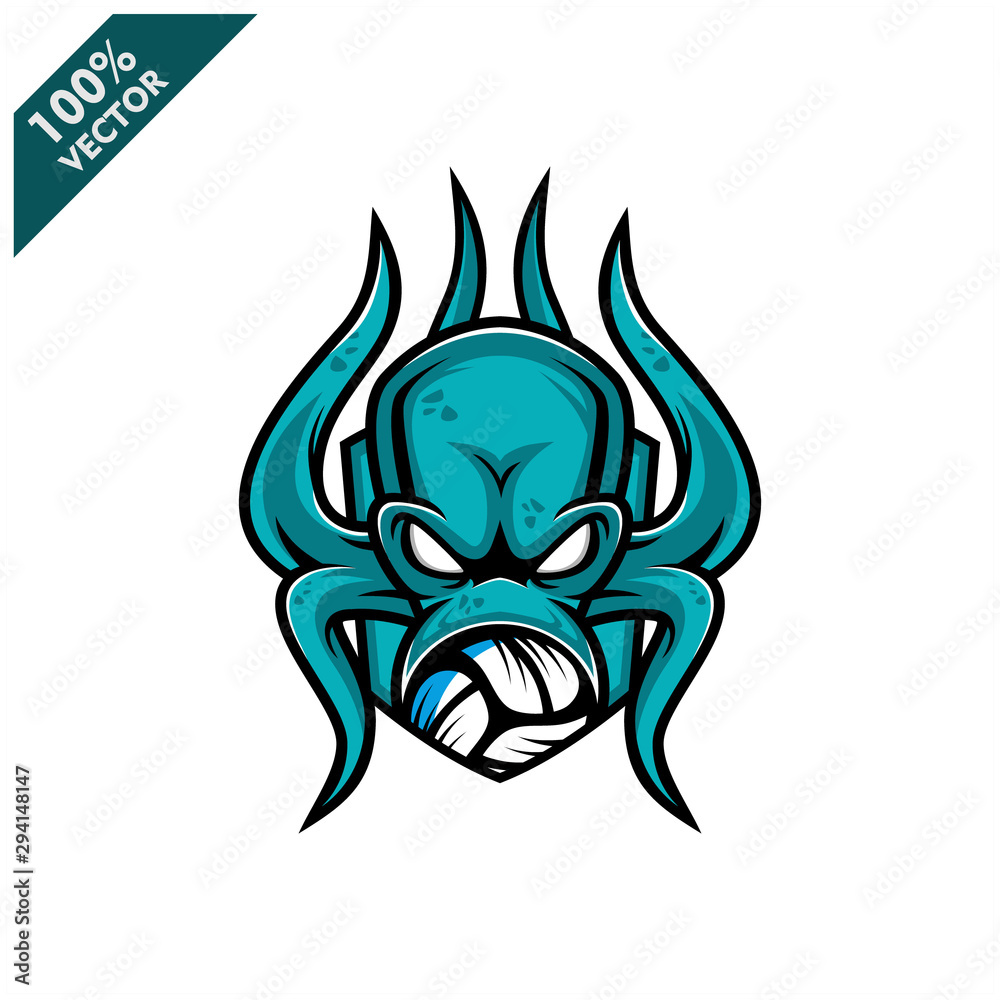 Vector sport logo, kraken octopus head illustration and volleyball ball ...