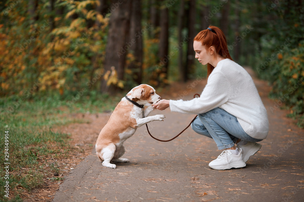 beautiful female owner holding her pat's paw, saying hello. Give me ...