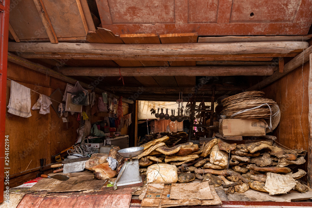 Meat store in an Asian market with very poor hygienic conditions Stock ...