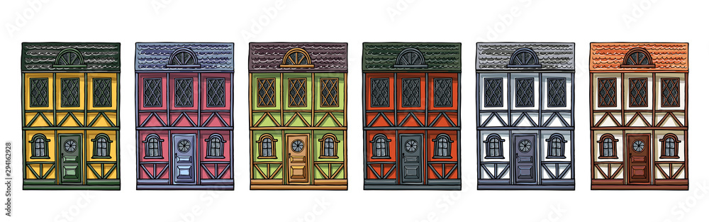 Colorful german houses cartoon collection urban landscape front view of ...