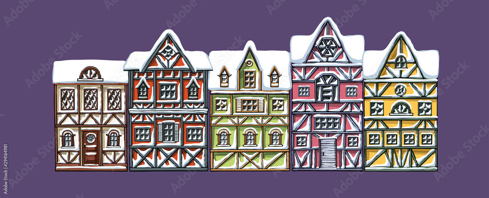 German houses winter cartoon collection urban snow landscape front view ...