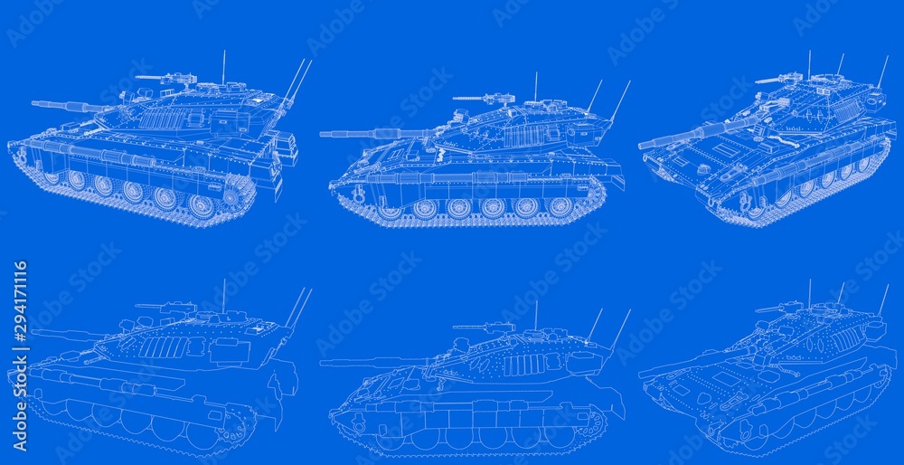 schema of outlined isolated 3D miltary tank with not real design, very ...