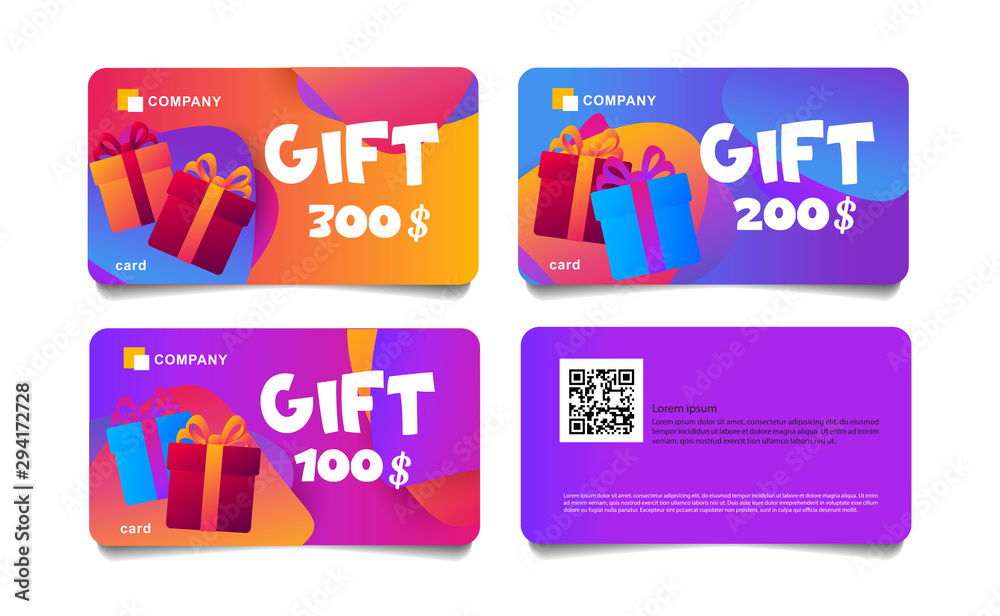set of 4 colorful gift cards with gift box illustrations and fluid ...