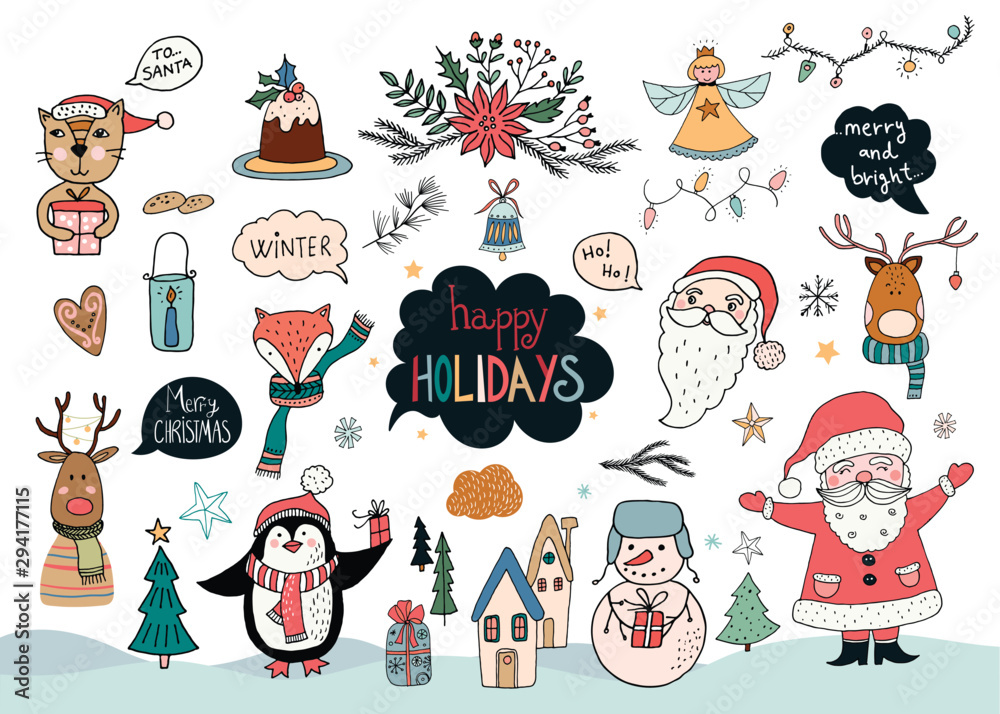 Christmas hand drawn elements collection with different seasonal items ...