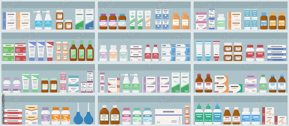 Pharmacy shelves with medicines. Concept of pharmaceutics and ...