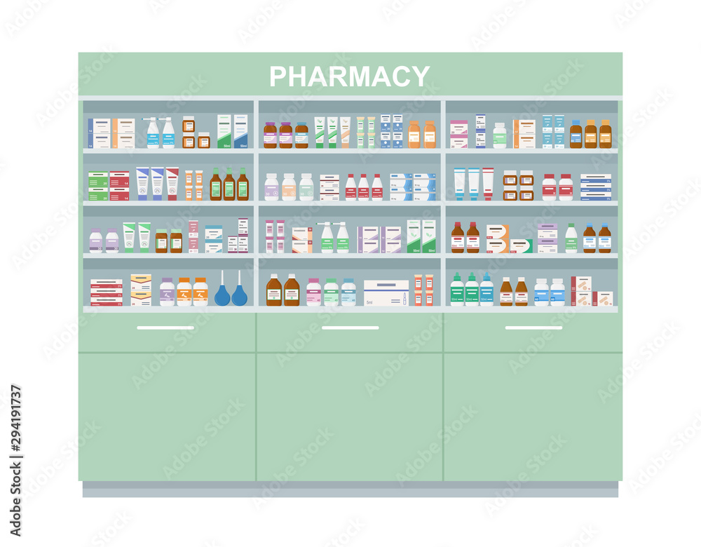 Pharmacy shelves with medicines. Large rack isolated on white ...