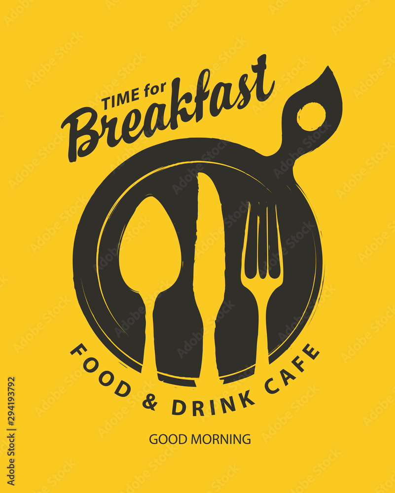 Vector banner on the theme of Breakfast time with spoon, fork and knife ...