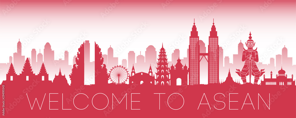 Plakát ASEAN famous landmark red silhouette design – Obraz na Zeď ...