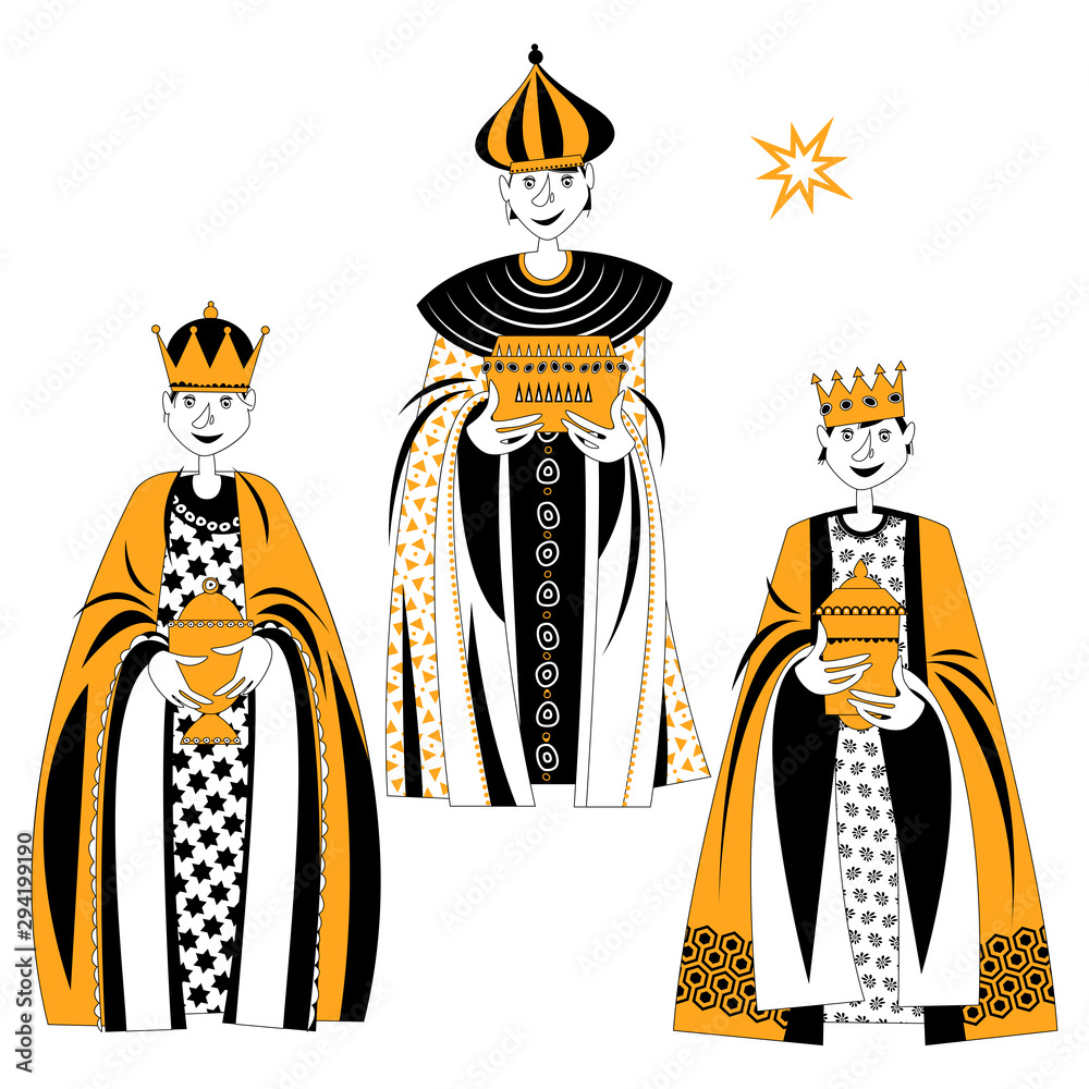 Children in Biblical Magi costumes. Three Wise Men. Three Kings. Black ...