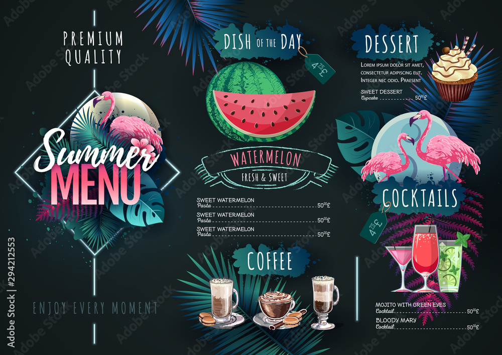 Summer menu design with flamingo and tropic leaves. Restaurant menu ...