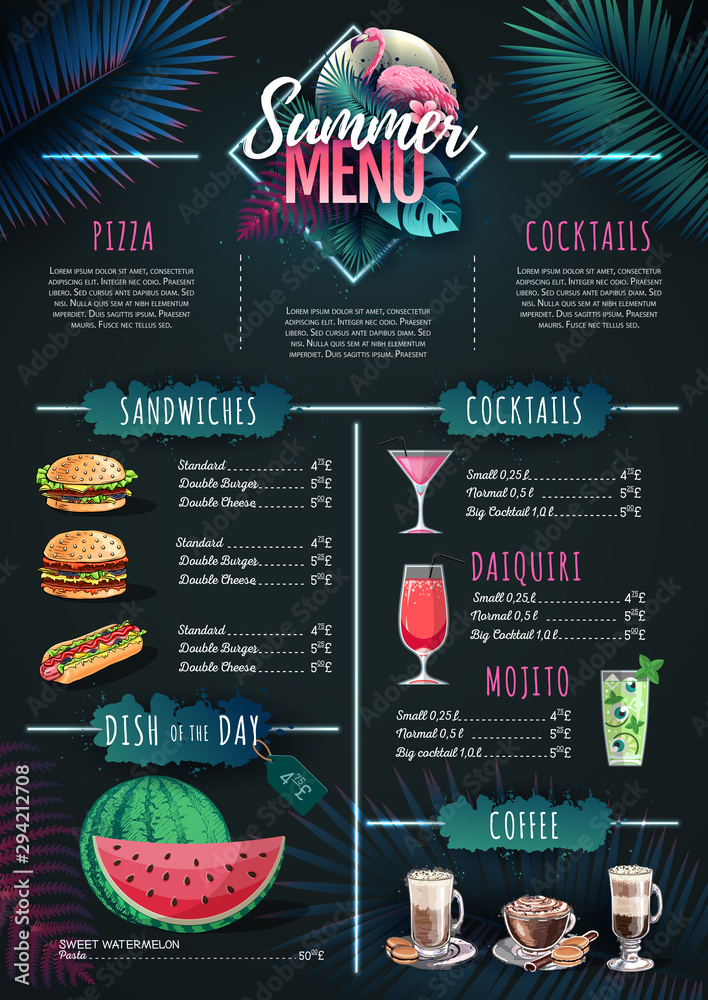 Summer menu design with flamingo and tropic leaves. Restaurant menu ...