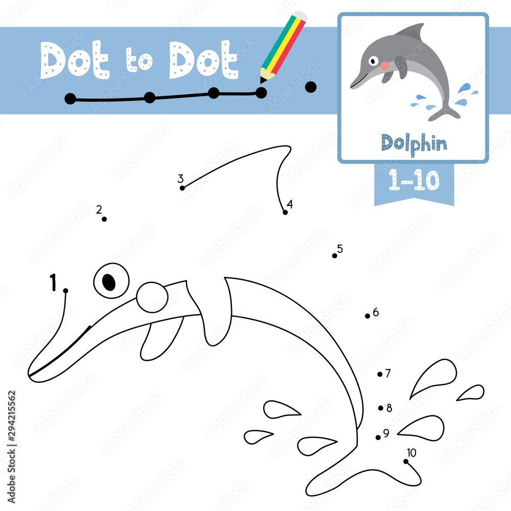 Dot to dot game and Coloring book of Dolphin animals cartoon for ...