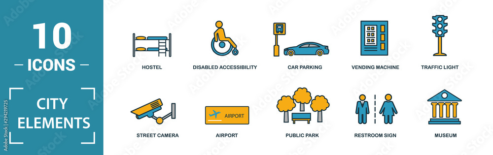 City Elements icon set. Include creative elements restroom sign, public ...