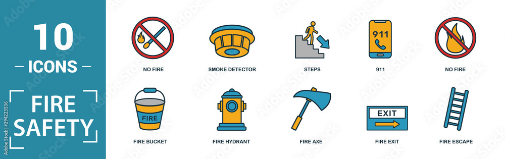 Fire Safety icon set. Include creative elements smoke detector, fire ...