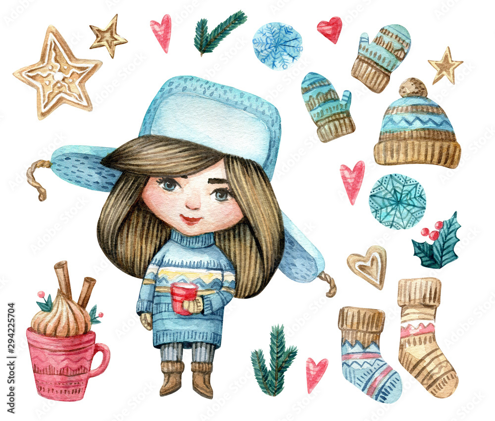 Watercolor set of character girl in sweater and hat with a cup and new ...