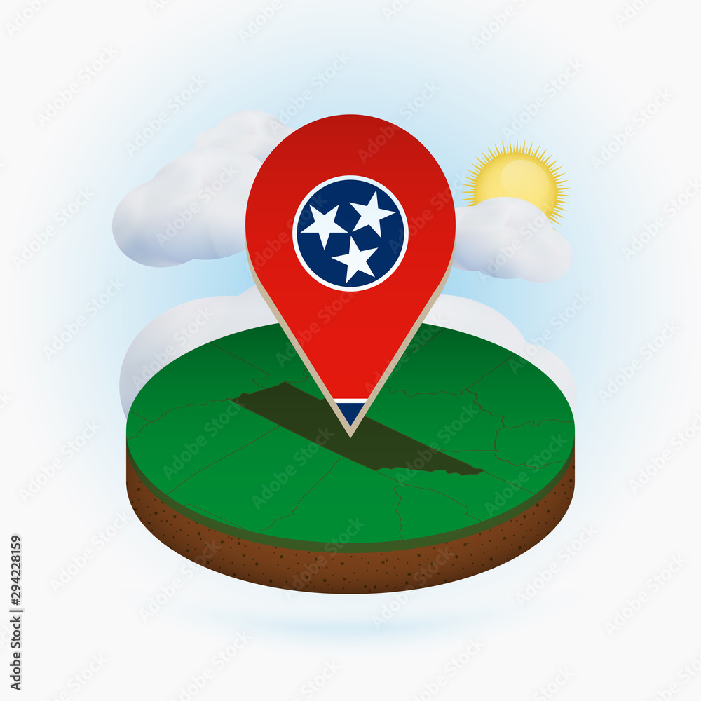 Isometric round map of US state Tennessee and point marker with flag of ...