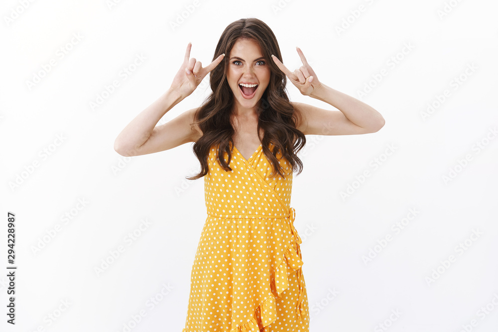 Daring joyful excited caucasian female go wild, enjoy awesome concert ...
