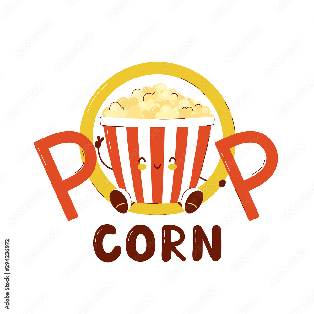 Cute happy popcorn bucket logo. Isolated on white background. Vector ...