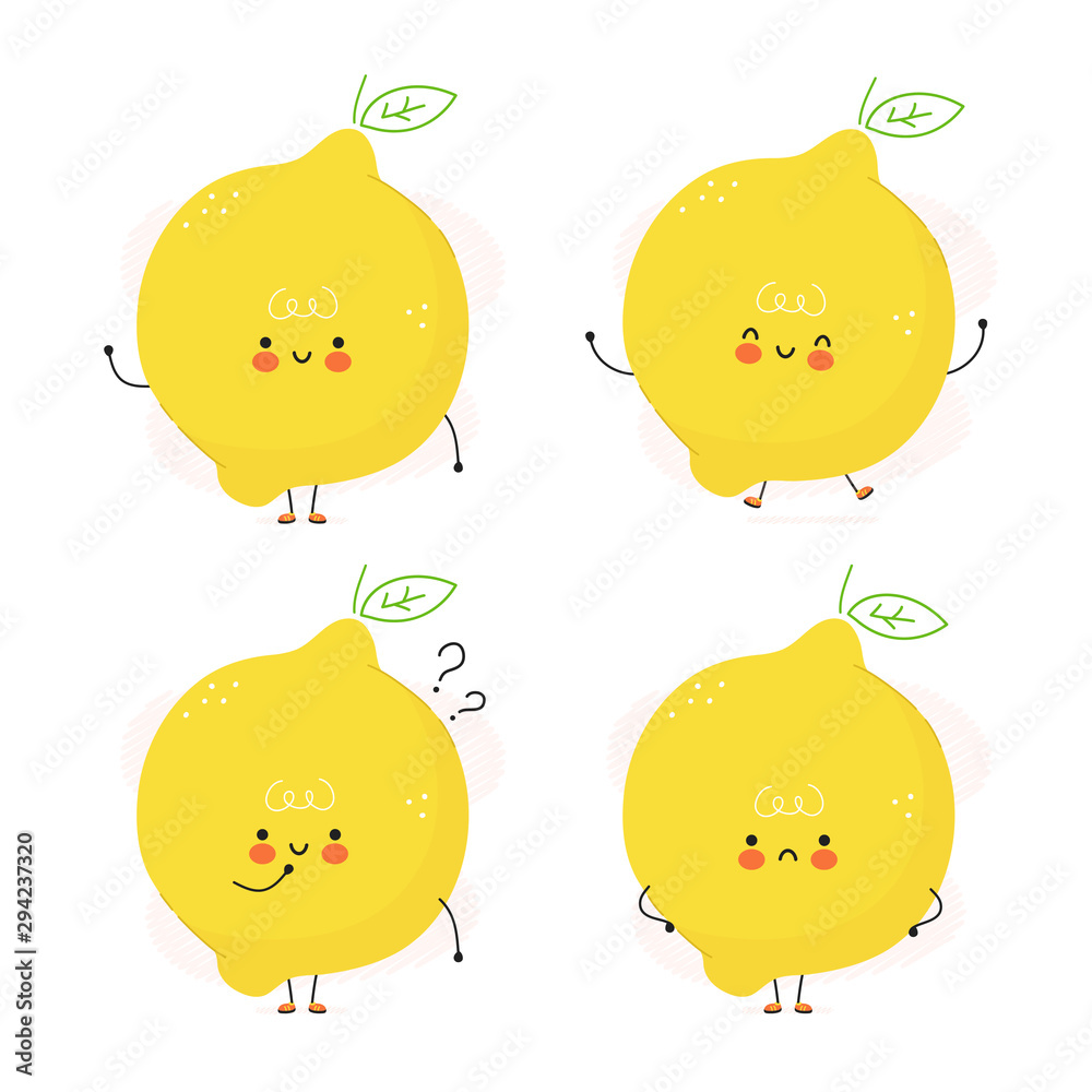 Cute happy lemon fruit set. Isolated on white background. Vector ...