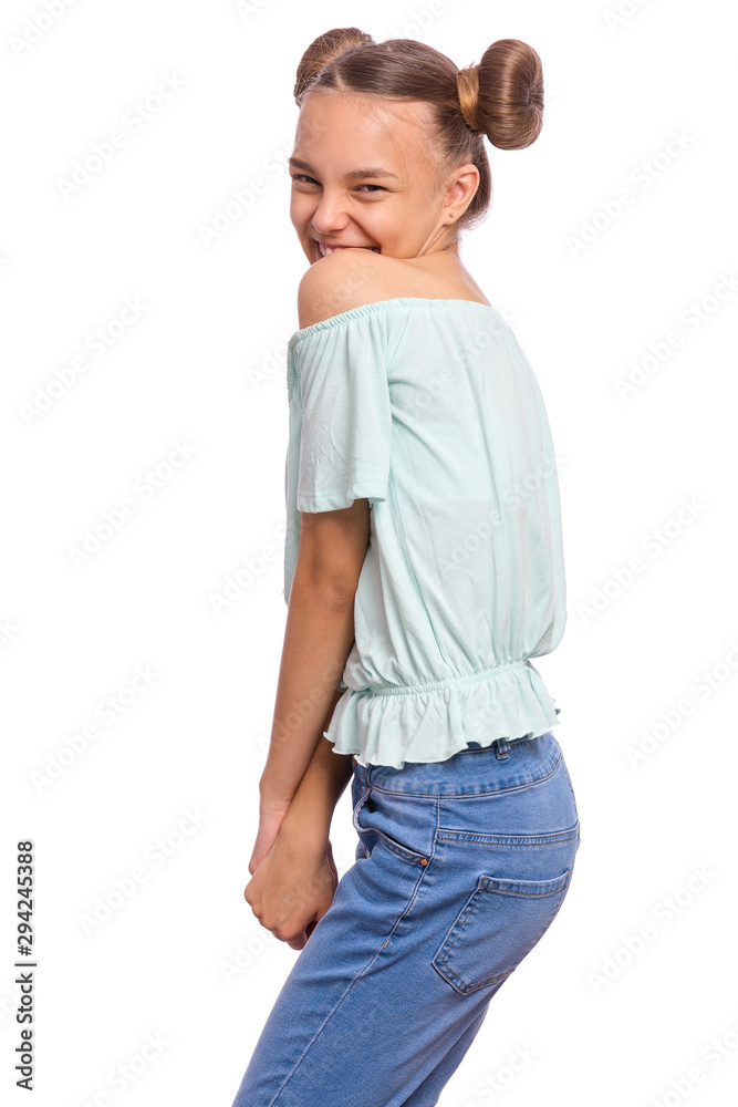 Shy embarrassed teen girl, isolated white background. Smiling shy child ...
