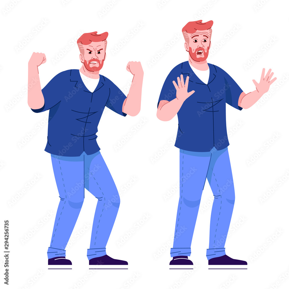 Angry and scared man flat vector illustration. Male aggression and fear ...