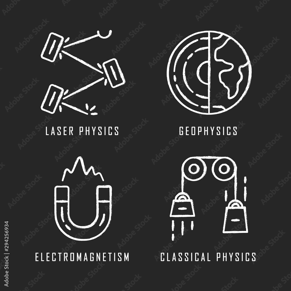 Physics branches chalk icons set. Laser and classical physics ...