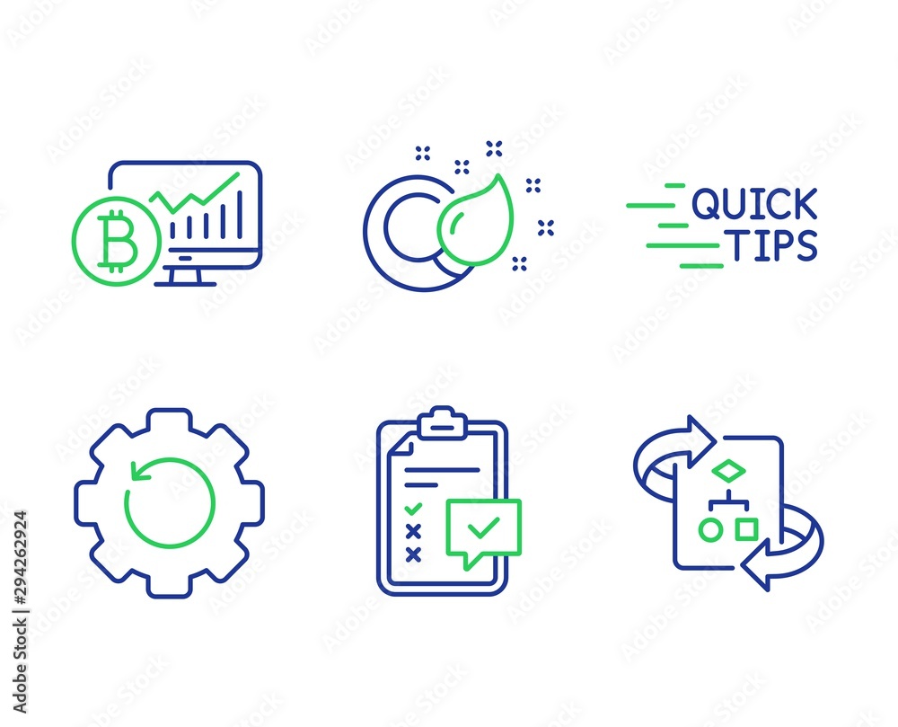 Recovery gear, Bitcoin chart and Education line icons set. Paint brush, Checklist and Technical ...