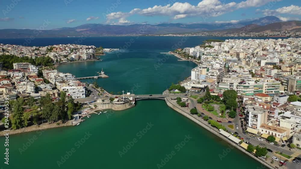 Aerial drone video of iconic town of Halkida or Chalkida with famous ...