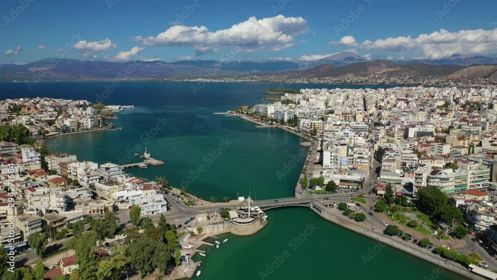 Aerial drone video of iconic town of Halkida or Chalkida with famous ...