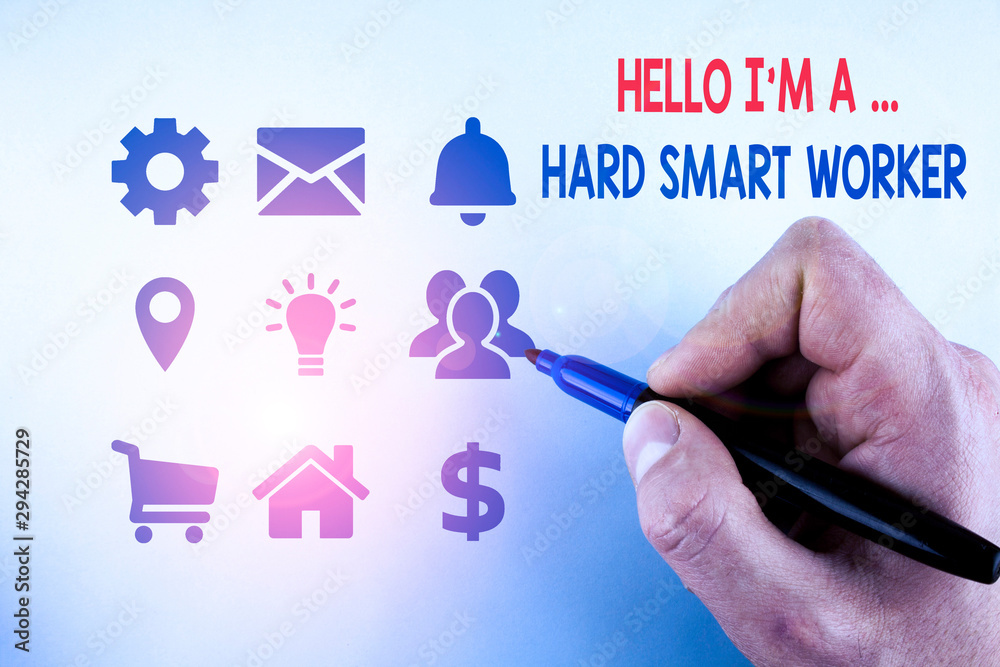 Writing note showing Hello I M A Hard Smart Worker. Business concept ...