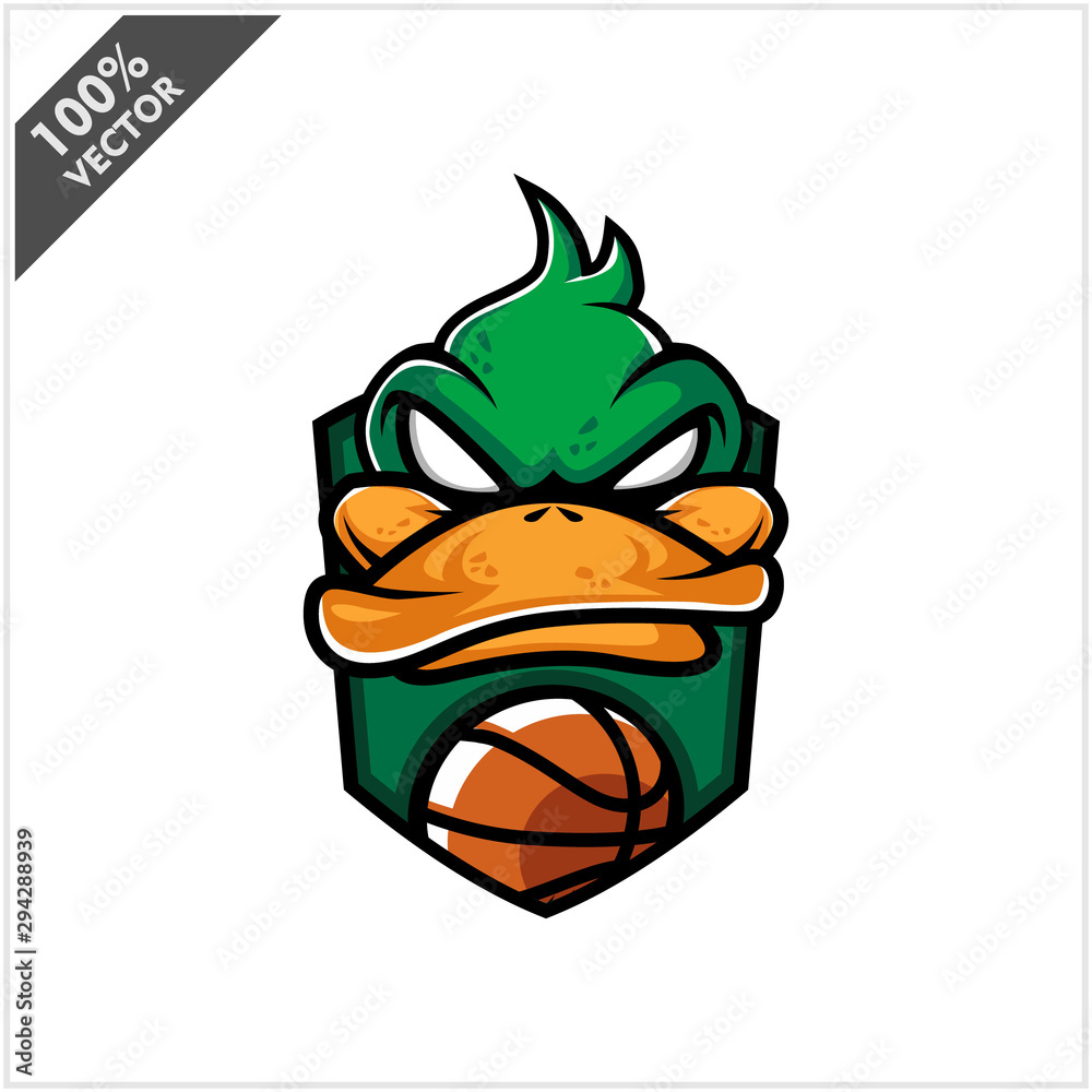 Vector sport logo, duck head illustration and basketball on the shield ...