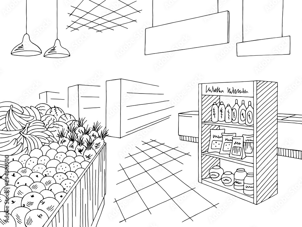 Grocery interior store shop black white graphic sketch illustration ...
