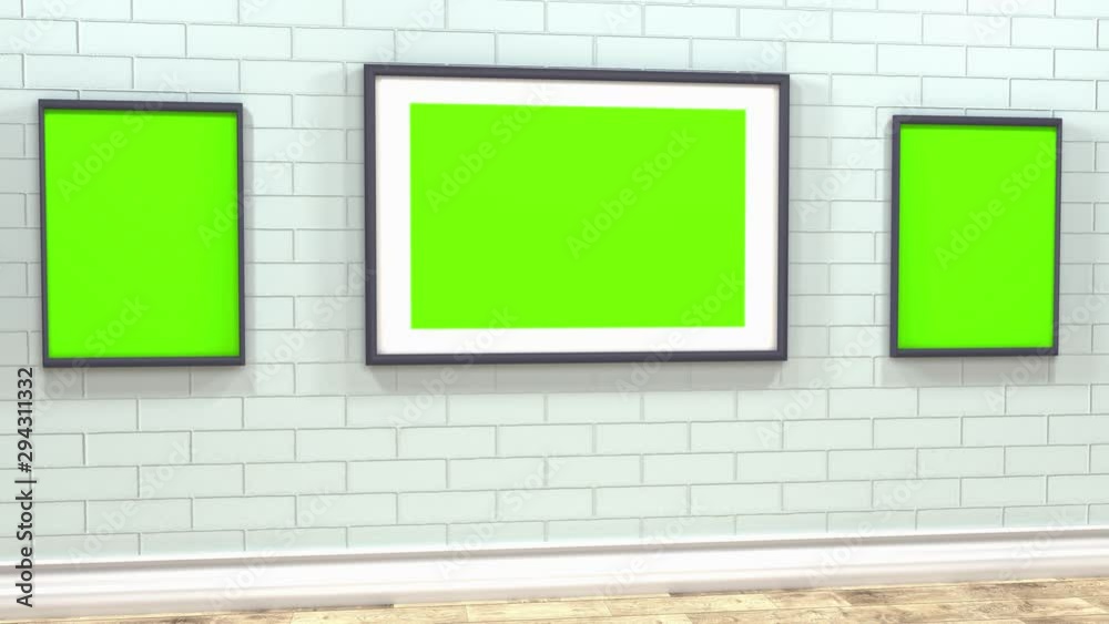 Room with paintings or photographs on a decorative brick wall ...