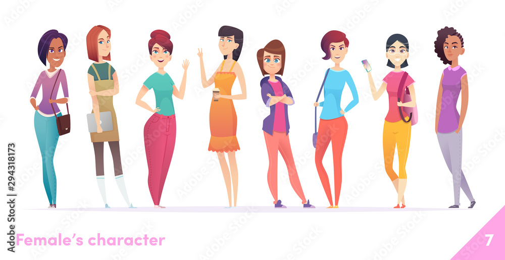 Women character design collection. Modern cartoon flat style. Females ...