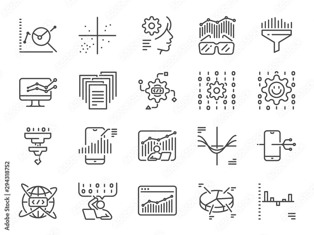 Data science line icon set. Included icons as big data, graph, AI ...