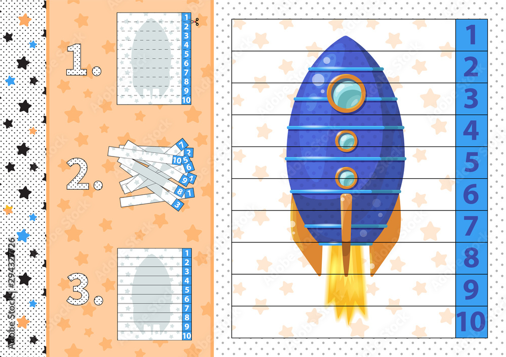 Counting number puzzle with cartoon rocket. From 1 to 10. Cut and ...