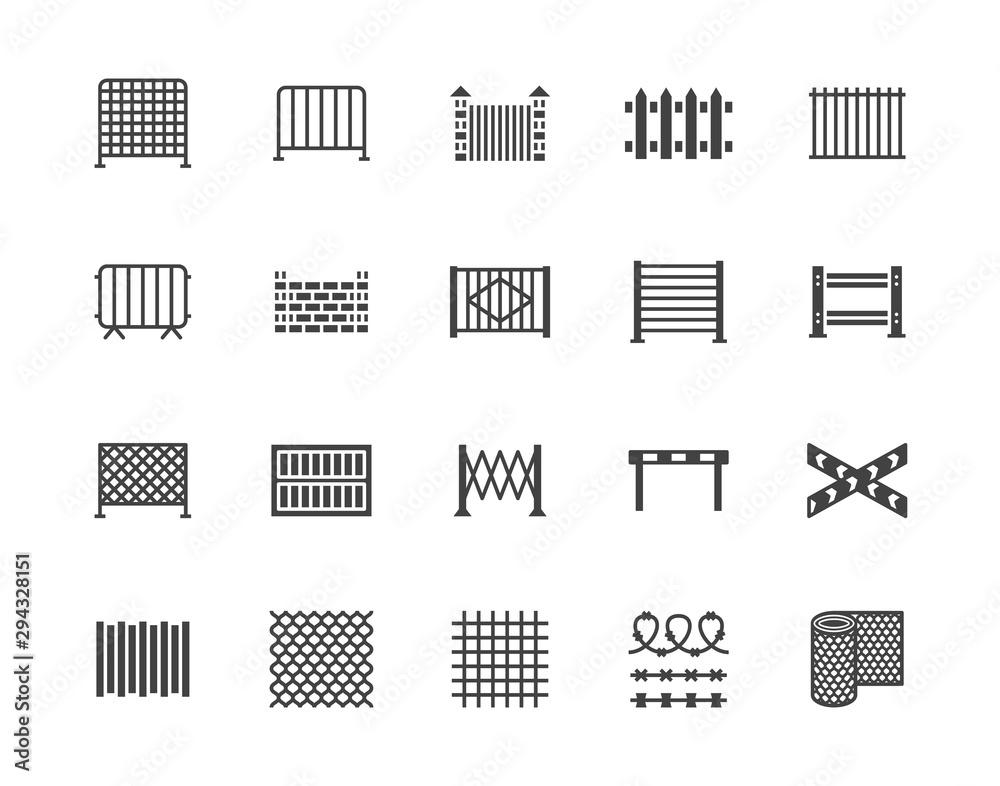 Fence flat glyph icons set. Wood fencing, metal profiled sheet, wire ...