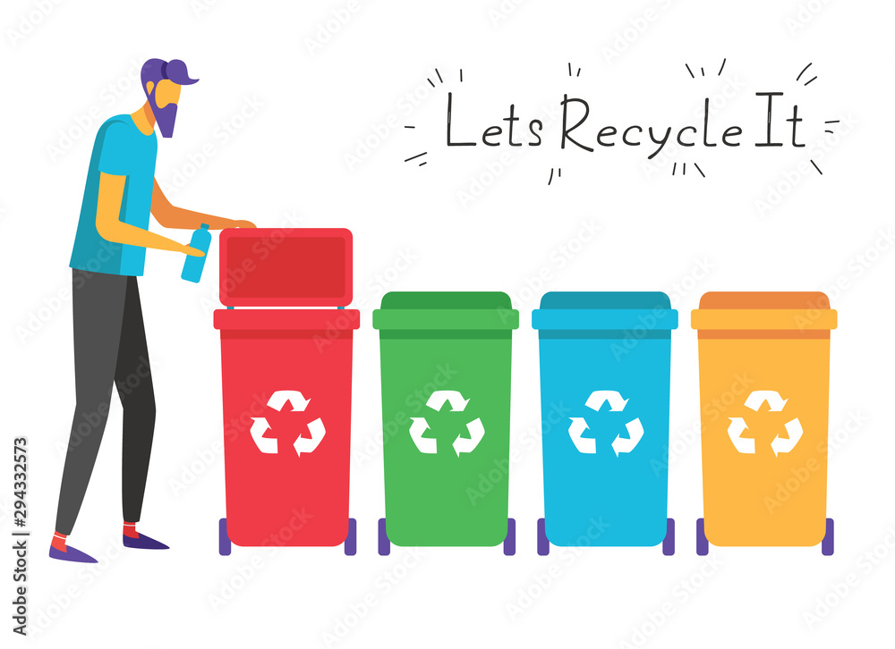 Color vector flat style illustration about waste recycling. A man ...
